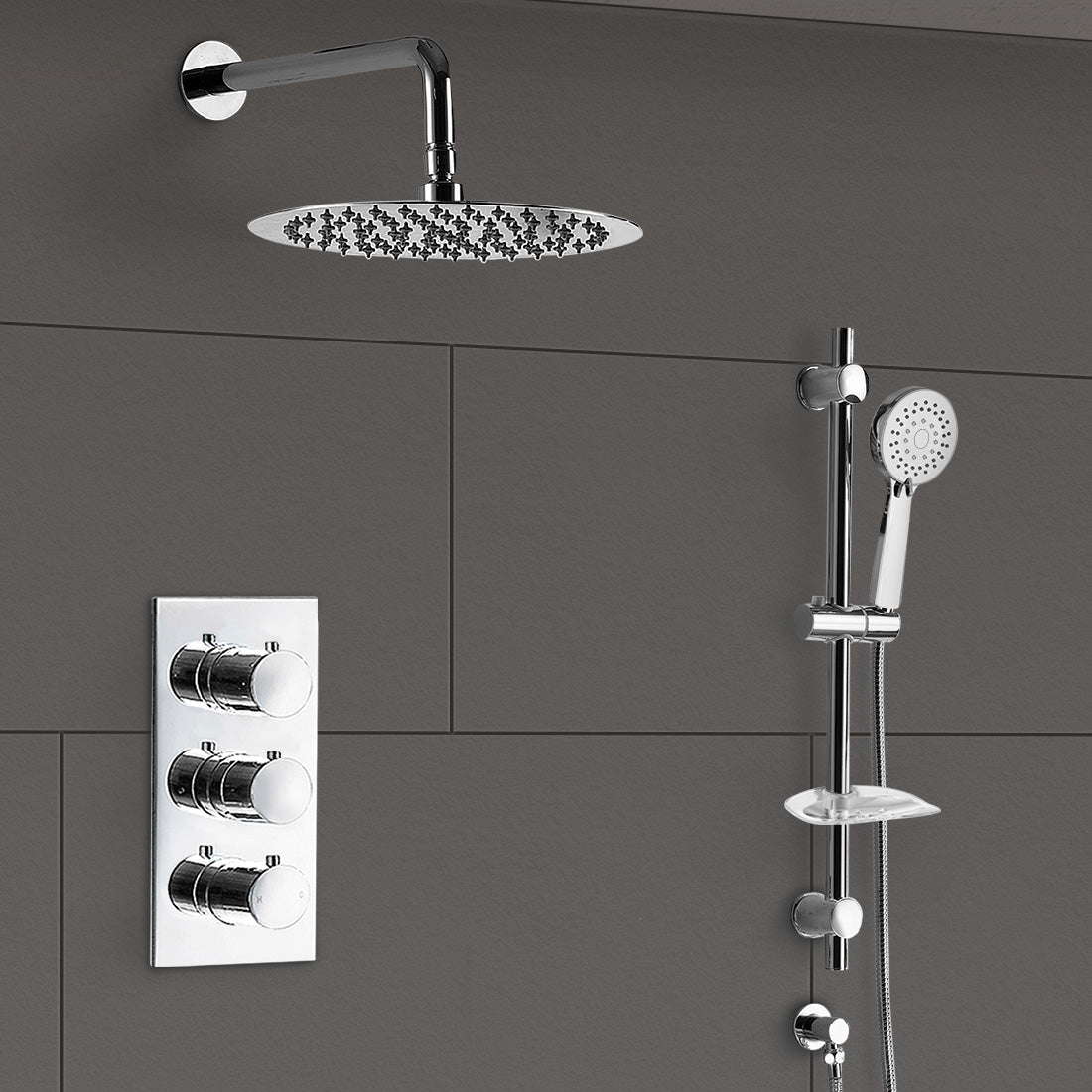 Flora Chrome Round 3 Way Concealed Thermostatic Shower Mixer Set - Sli