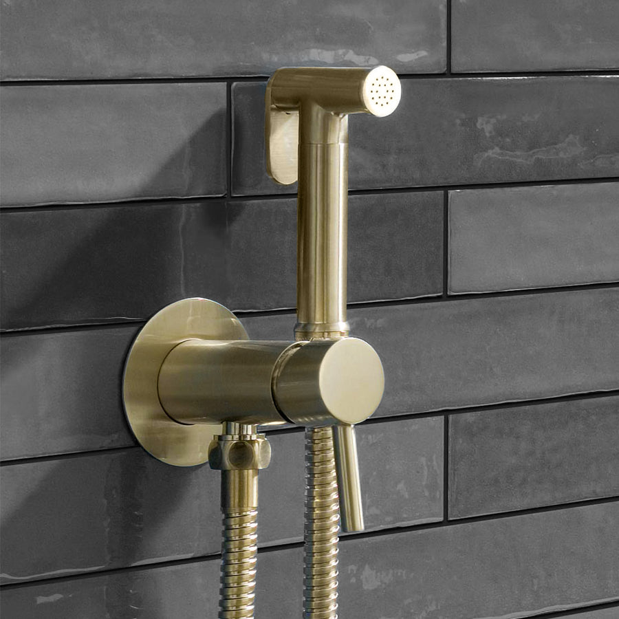 Modern Round Brushed Brass Bidet Douche Kit with Shut Off Valve and Ho