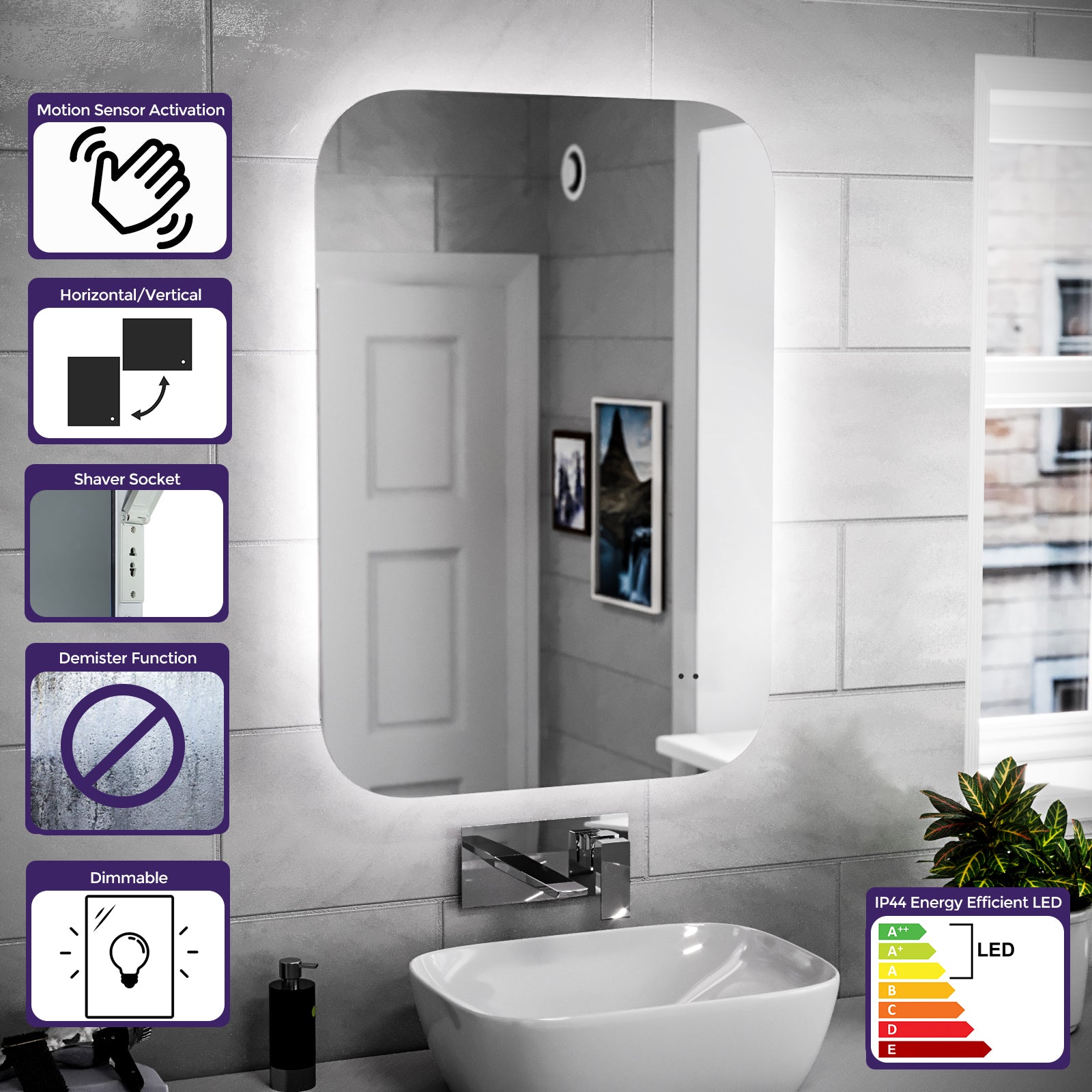 LED 600mm x 800mm Modern Round Corner Bathroom Motion Sensor Mirror