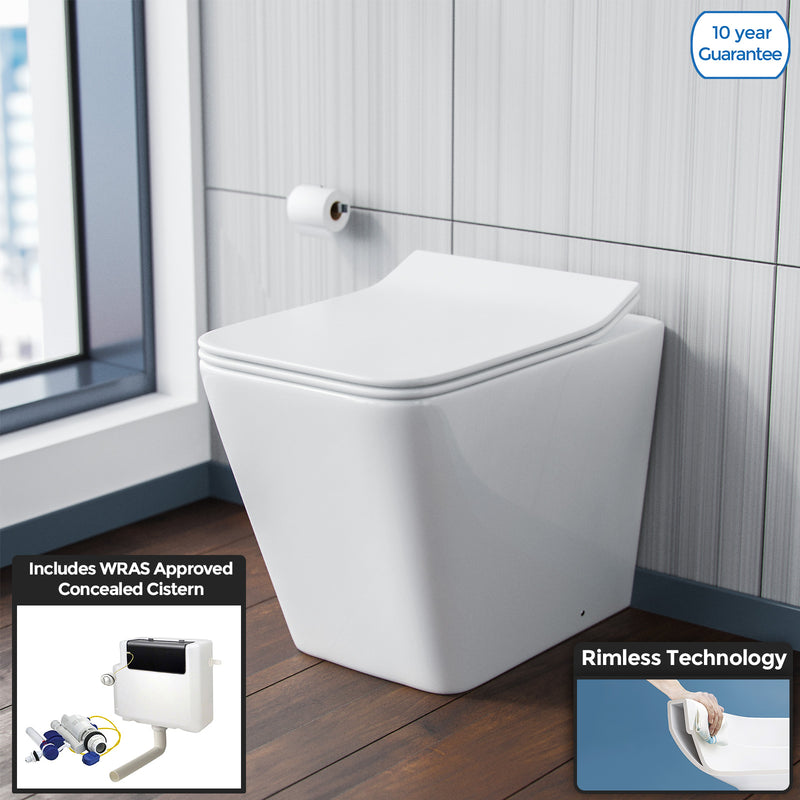 Inton Square Back To Wall Rimless Toilet Pan With Soft Close Seat + WR