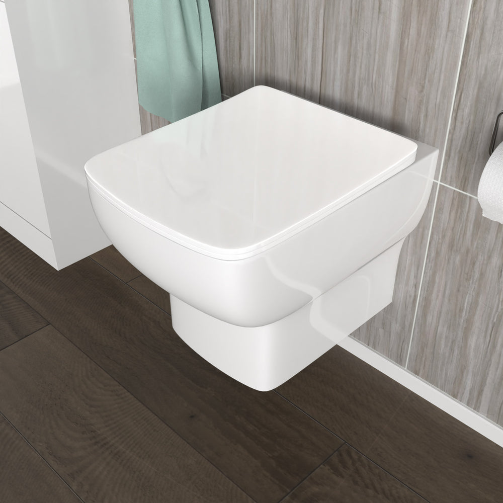 Warley Rimless Square Wall Hung Toilet Pan with Soft Close Toilet Seat