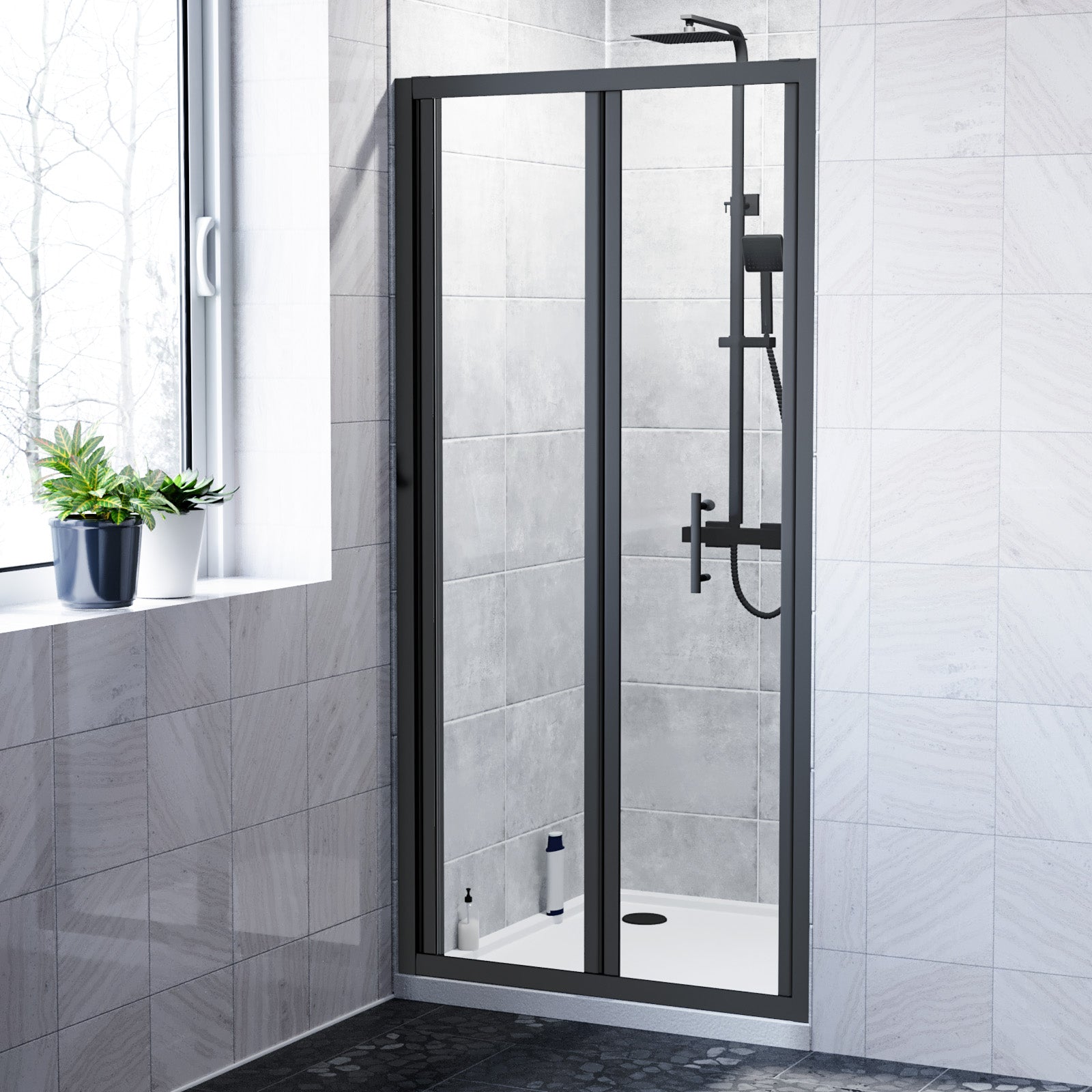 Kim Matte Black Walk In Bi Folding Shower Tempered Glass Door Screen P