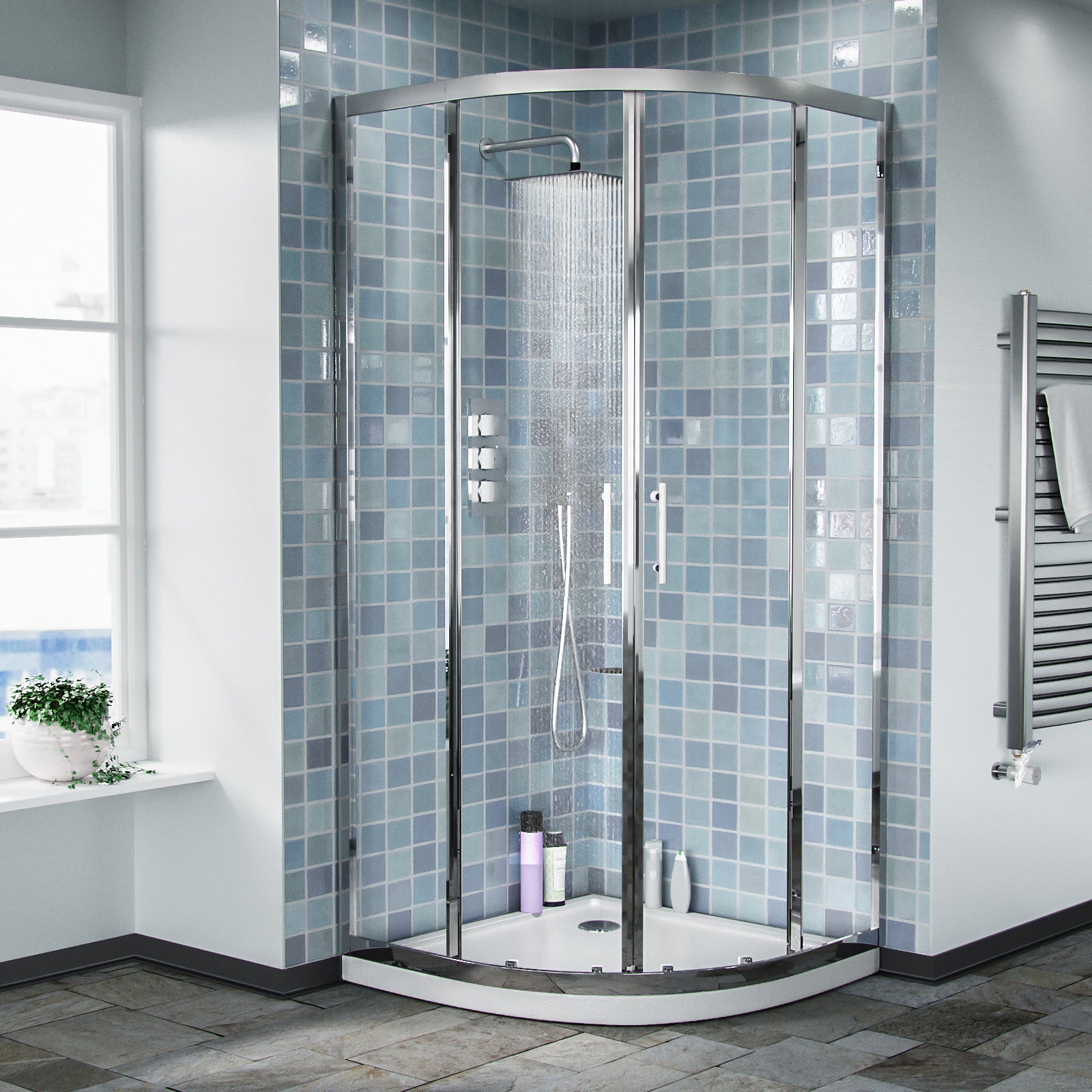 Saturn Quadrant Curved Corner Chrome Shower Enclosure & Tray