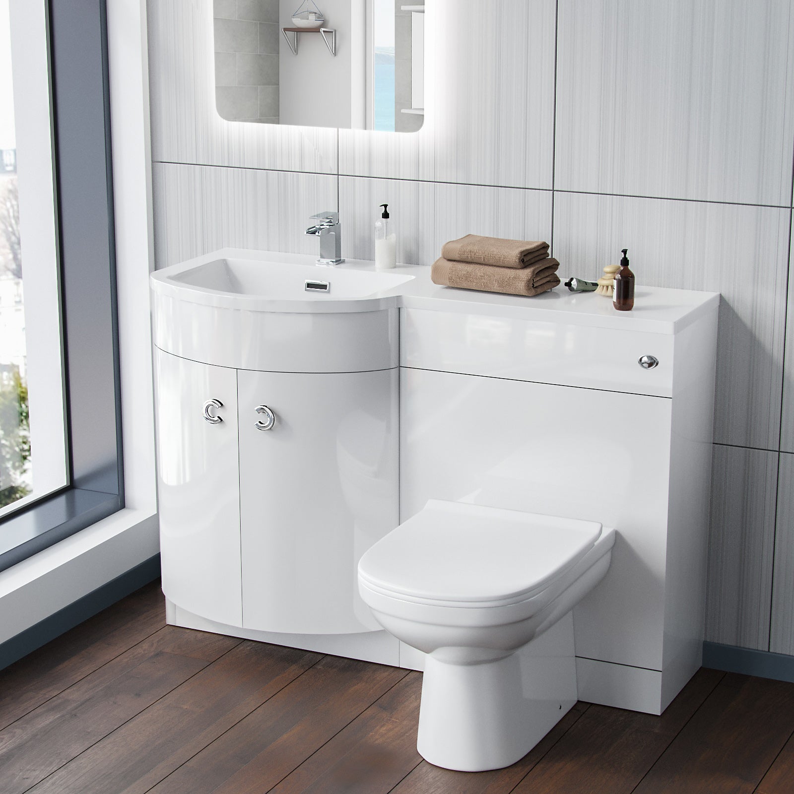 Dene 1100mm LH White Basin Vanity Flat Pack , WC Unit and BTW Toilet